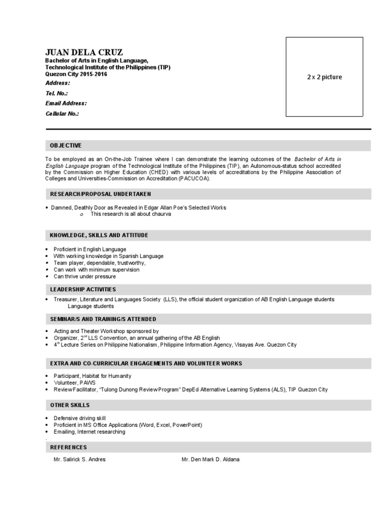 1.1 AB OJT Resume Template | PDF | Language Arts & Discipline