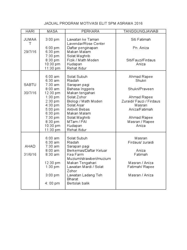 Jadual Program Motivasi Elit SPM Asrama 2016 | PDF