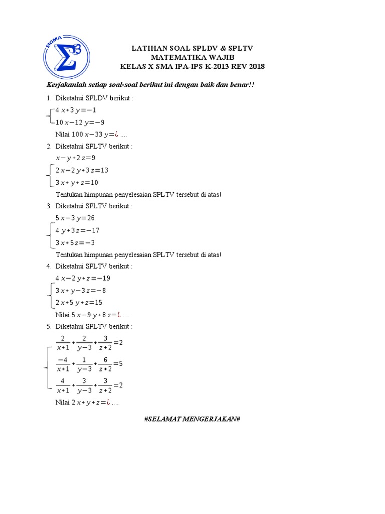 Latihan Soal SPLDV & SPLTV X Sma Ipa MTK Wajib | PDF