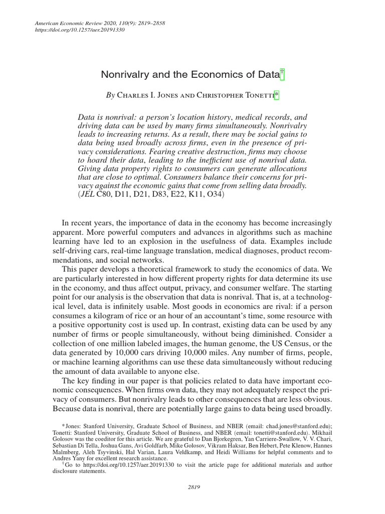 Nonrivalry and The Economics of Data: American Economic Review 2020 ...