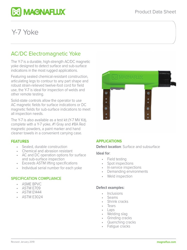 Y7 Electromagnetic Yoke - Product Data Sheet PDF | PDF | Nondestructive ...