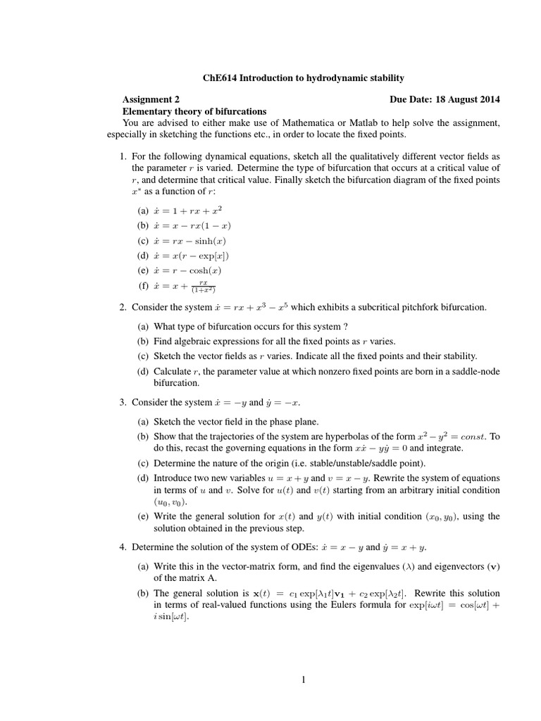Che614 Introduction To Hydrodynamic Stability Assignment 2 Due Date: 18 August 2014 Elementary ...