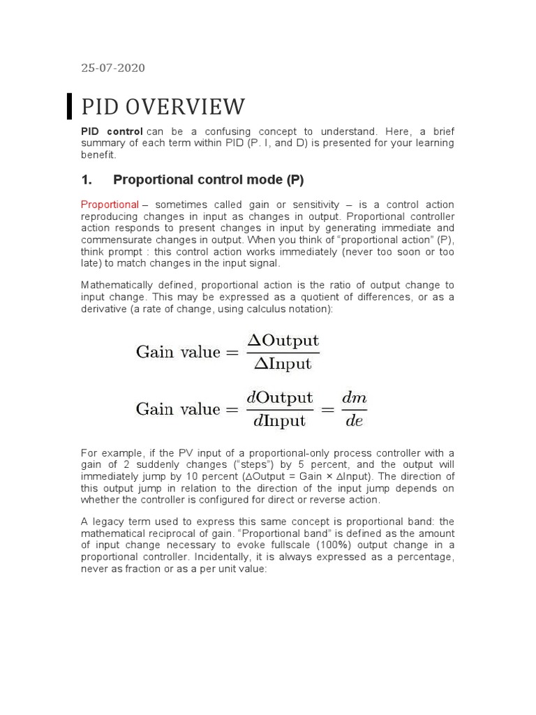 Pid Overview: 1. Proportional Control Mode (P) | PDF | Control Theory ...