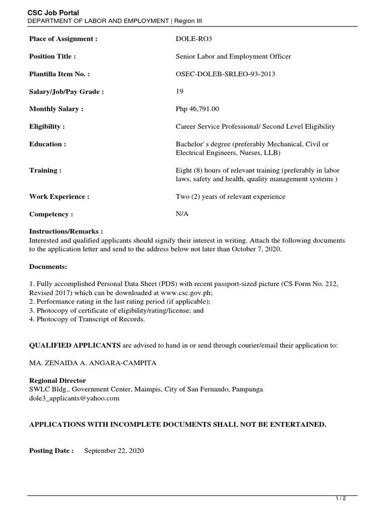 CSC Job Opening: Senior Labor Officer | PDF | Technology & Engineering