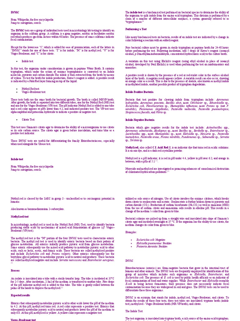 Microbiology: IMViC Tests Guide | PDF | Chemistry | Microbiology