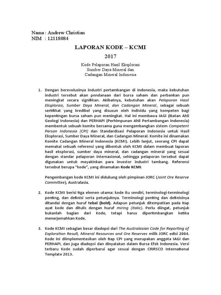 Kode KCMI untuk Pelaporan Mineral | PDF