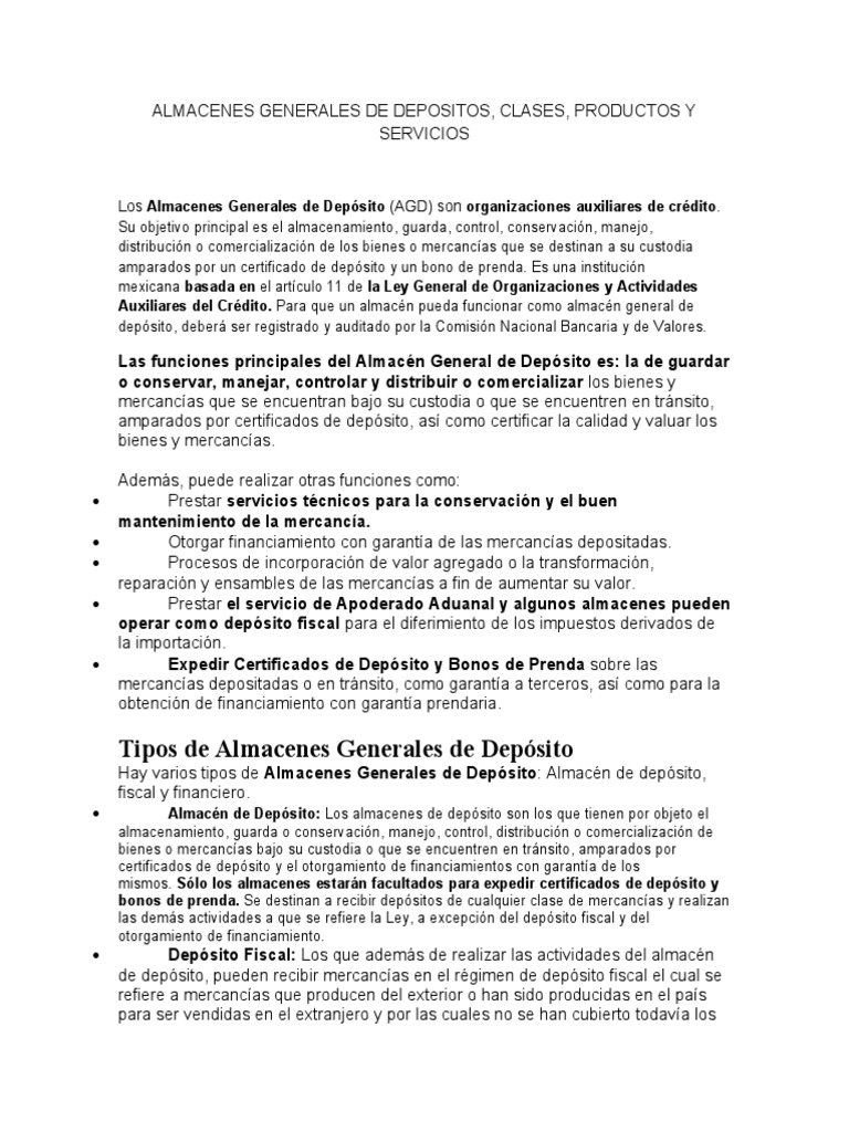 Almacenes Generales de Depositos | PDF | Certificado de deposito | Almacén