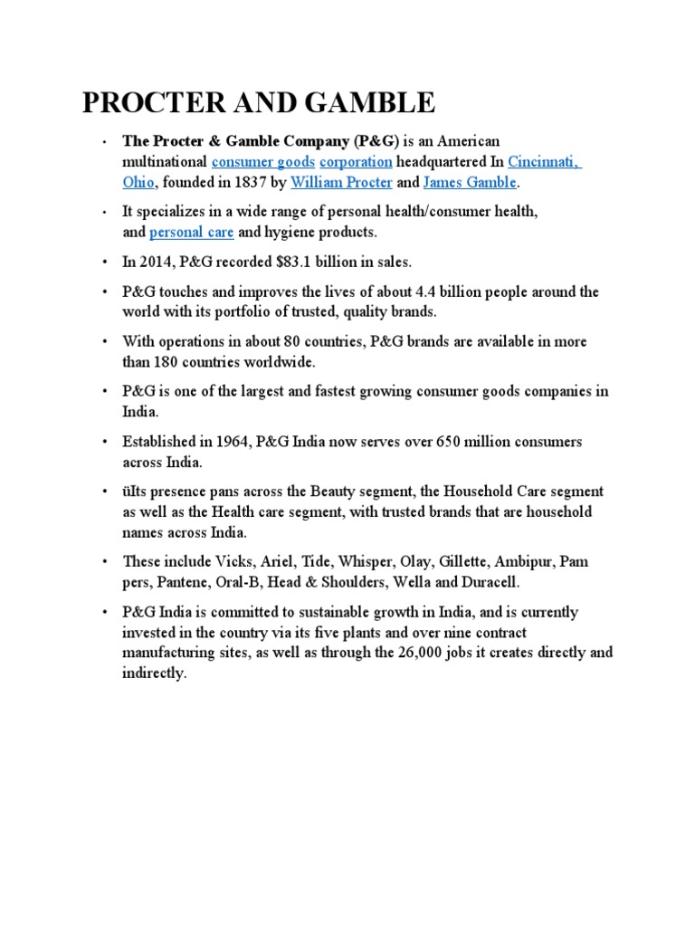 Procter and Gamble: The Procter & Gamble Company (P&G) Is An American | PDF