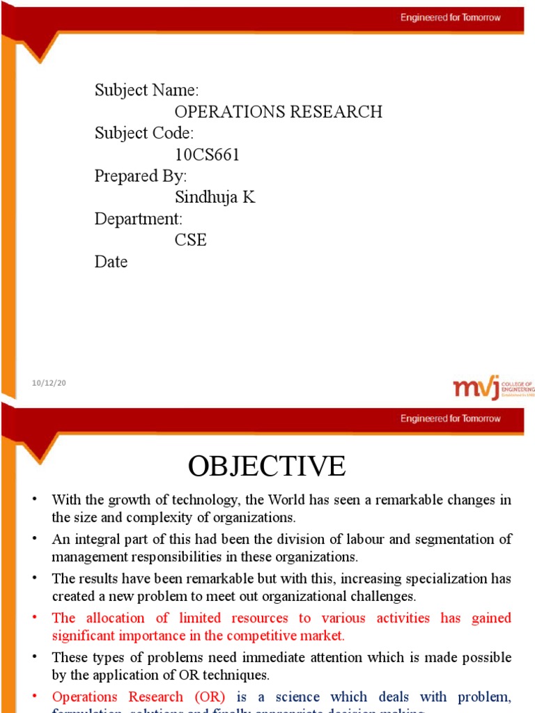 Subject Name: Operations Research Subject Code: 10CS661 Prepared By ...