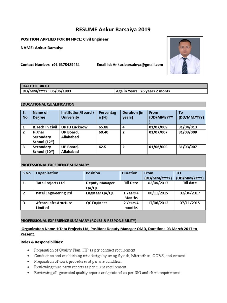 Civil Engineer Resume for HPCL Application | PDF | Quality Assurance ...