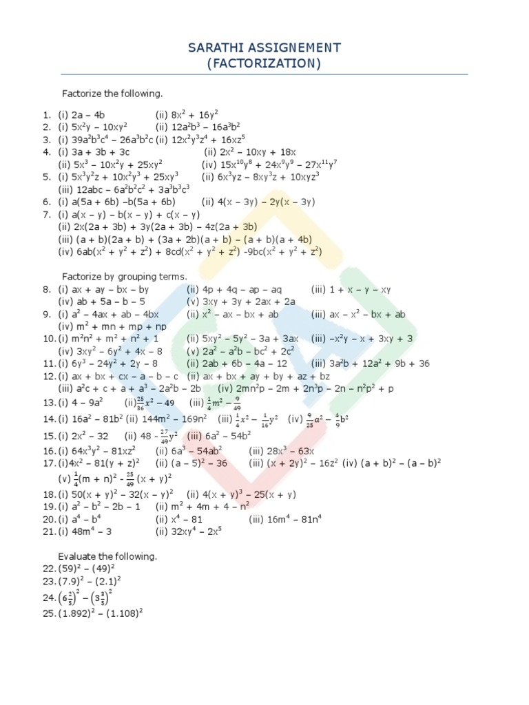 SARATHI ASSIGNEMENT (Factorization) | PDF | Teaching Methods & Materials