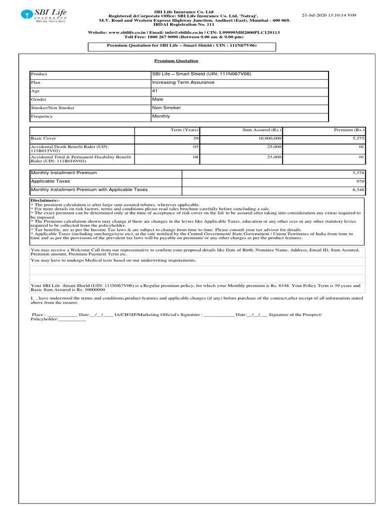 SBI Life Smart Shield (UIN: 111N067V06) Increasing Term Assurance 41 ...