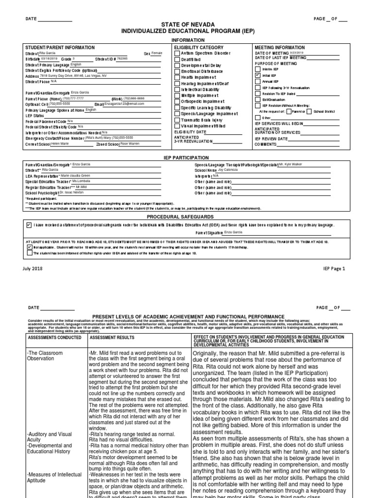 State of Nevada Individualized Educational Program (Iep) : Information ...