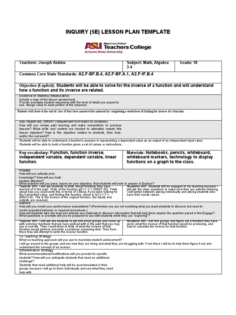 Inquiry (5E) Lesson Plan Template | PDF | Function (Mathematics ...