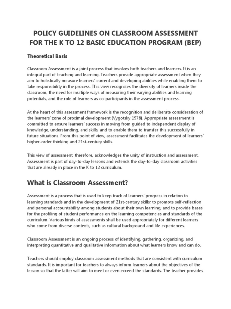 Policy Guidelines On Classroom Assessment For The K To 12 Basic ...