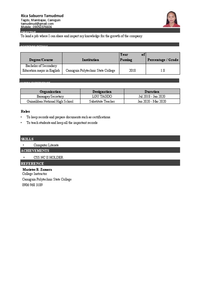 Rica Sabuero Tamudmud: Degree/Course Institution Year of Passing Percentage / Grade | PDF