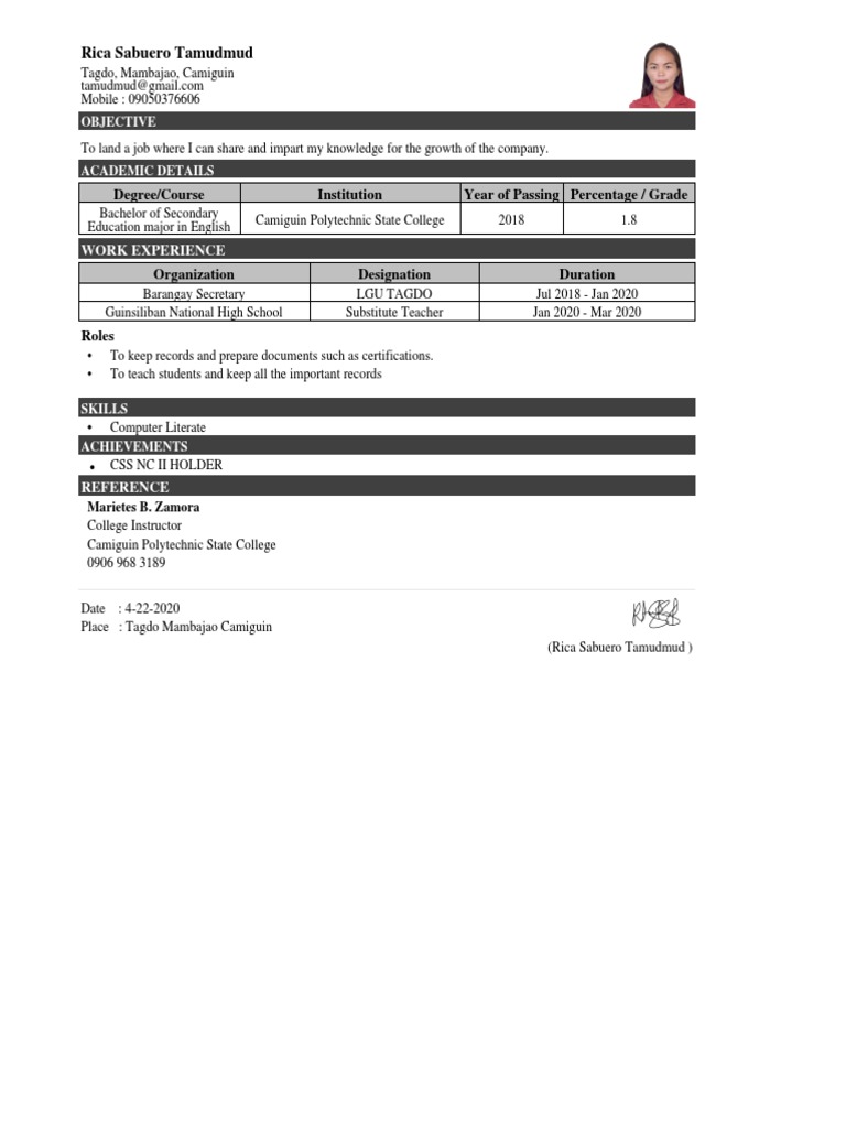 Rica Sabuero Tamudmud: Degree/Course Institution Year of Passing Percentage / Grade | PDF