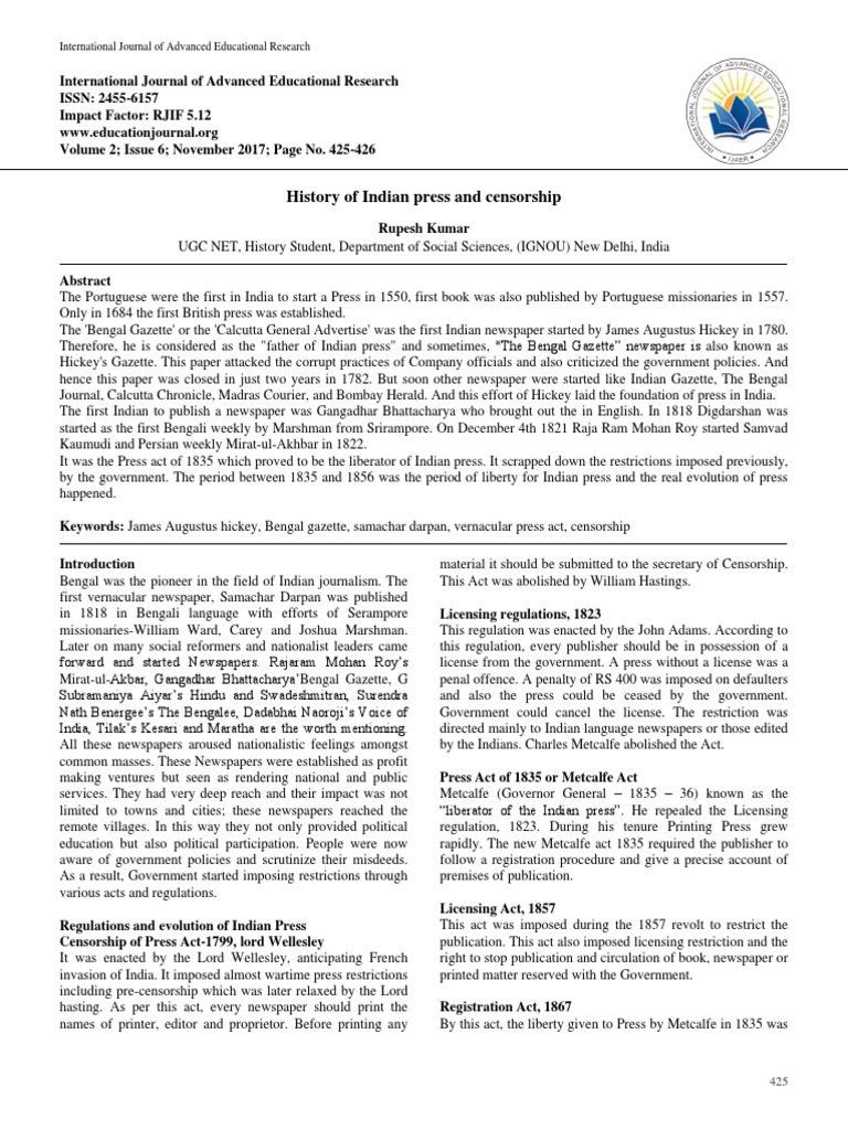 The History of Press Censorship in India and the Evolution of Press ...