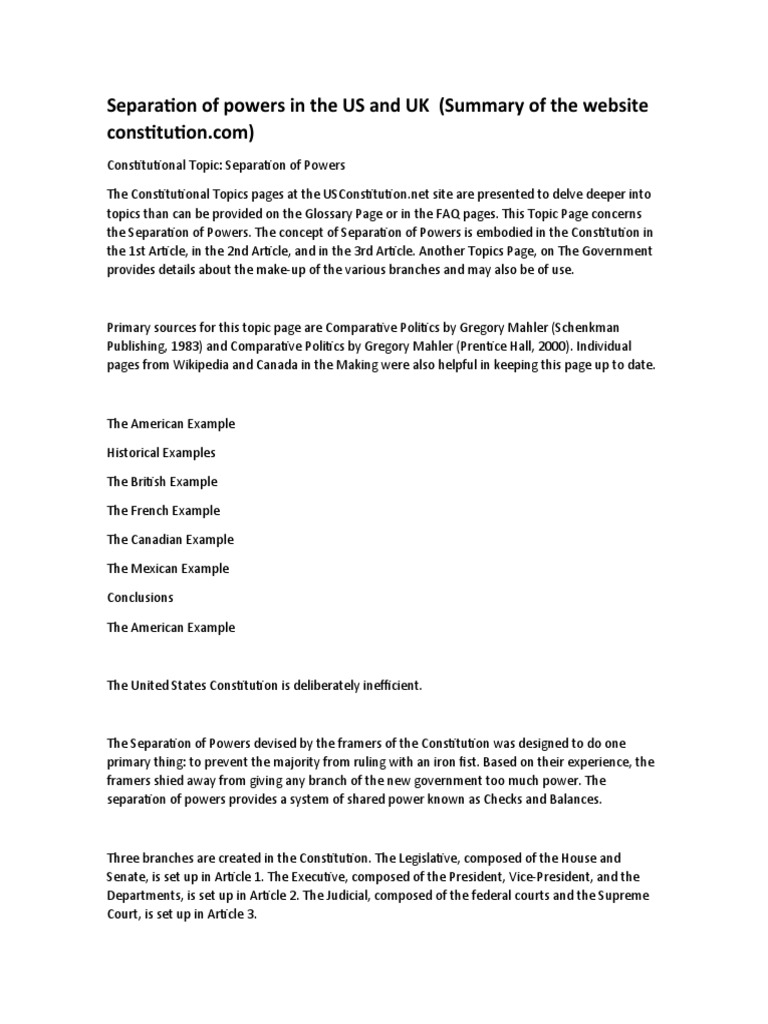 Separation of Powers in The US and UK | PDF | Separation Of Powers ...