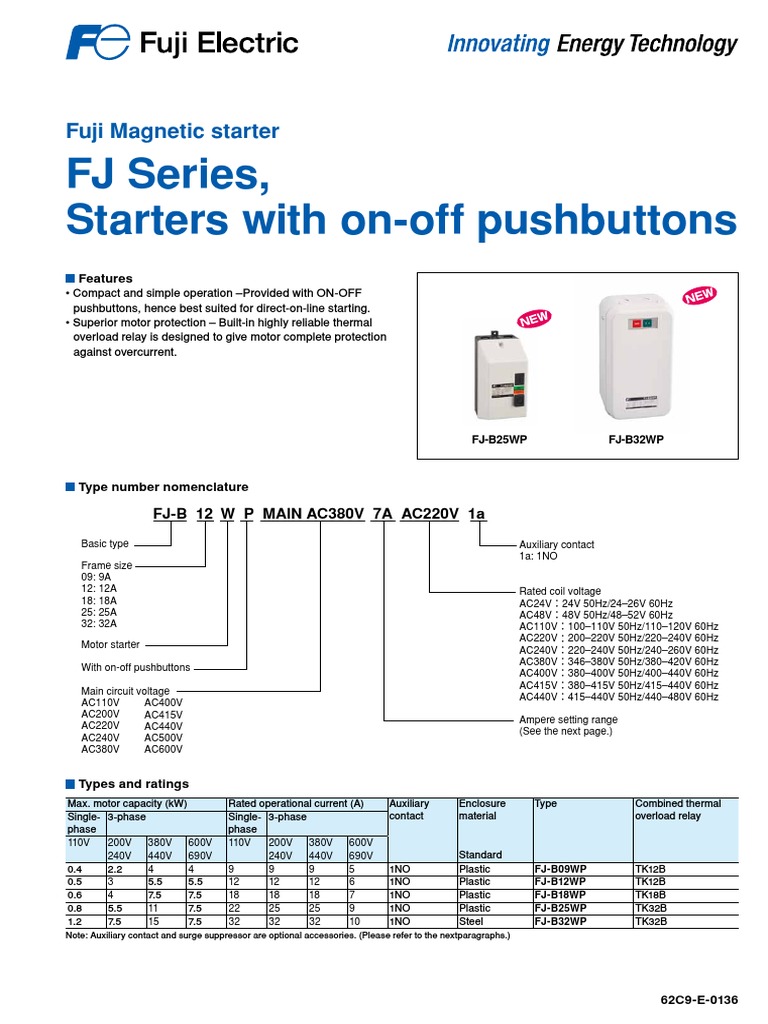 FJ Series, Starters With On-Off Pushbuttons: Fuji Magnetic Starter ...