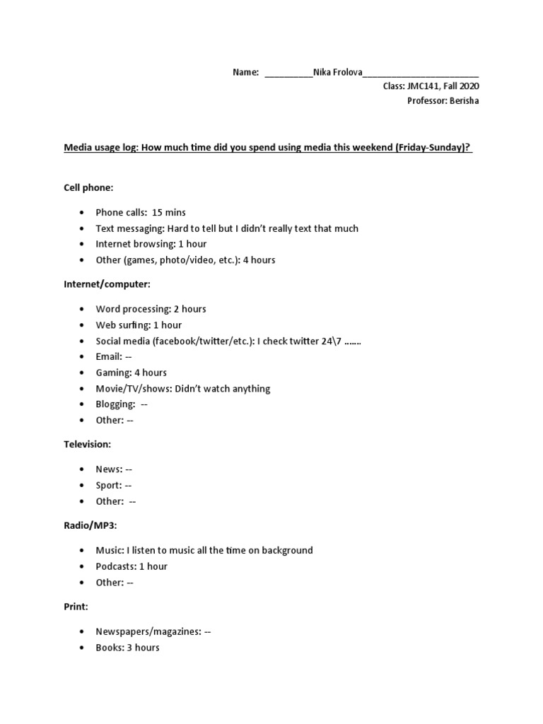Media Usage Log: How Much Time Did You Spend Using Media This Weekend ...