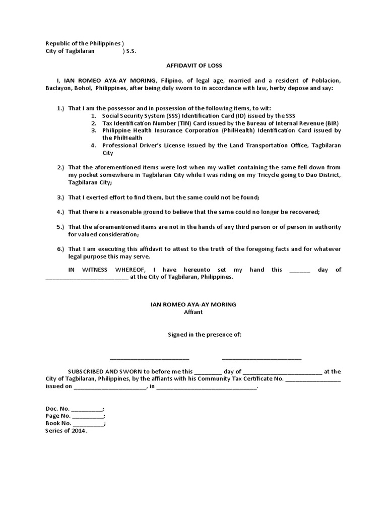 Affidavit of Loss | PDF | Affidavit | Philippines