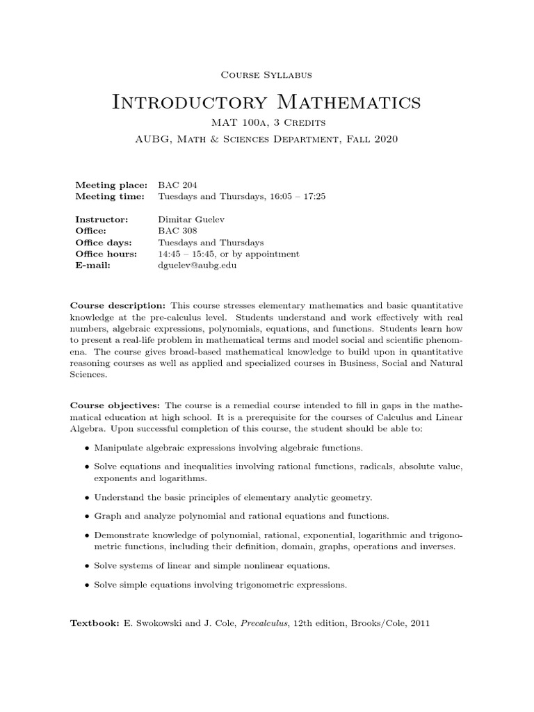Introductory Mathematics: Course Syllabus | PDF | Polynomial | Function ...