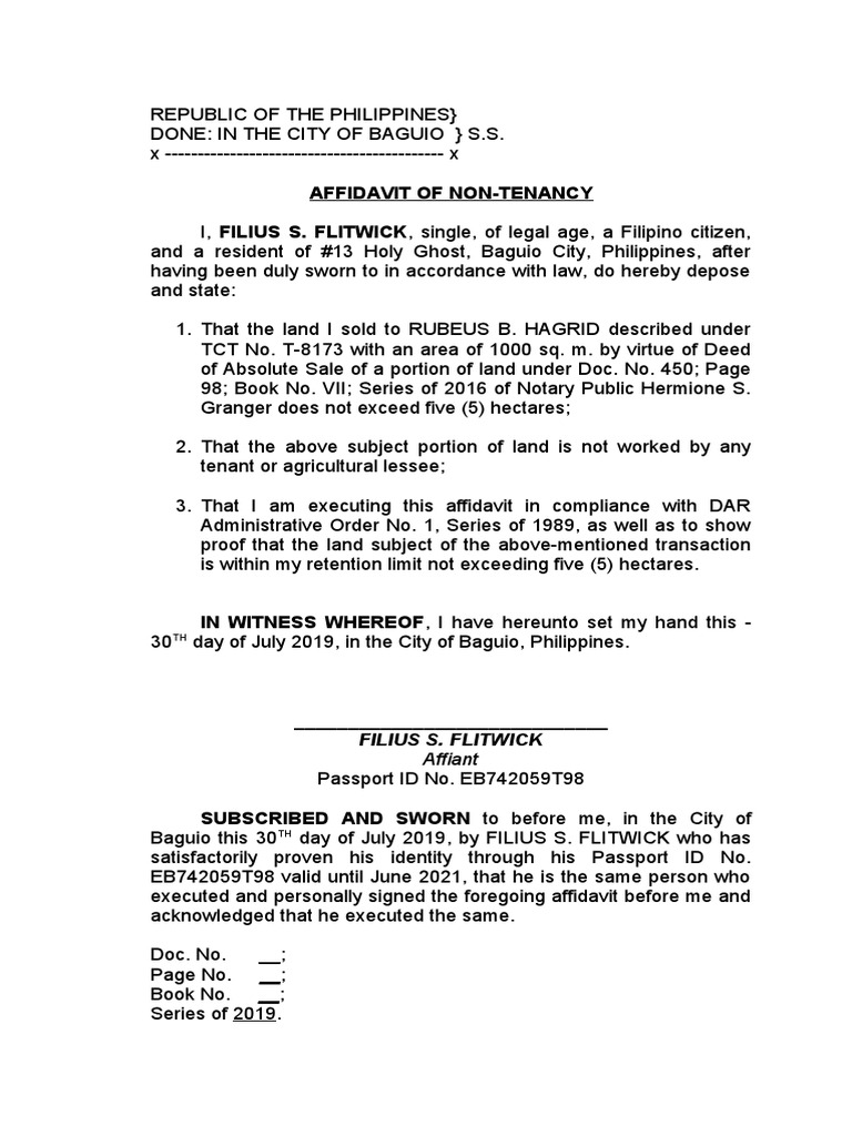 Affidavit of Non-Tenancy in Baguio | PDF | Politics