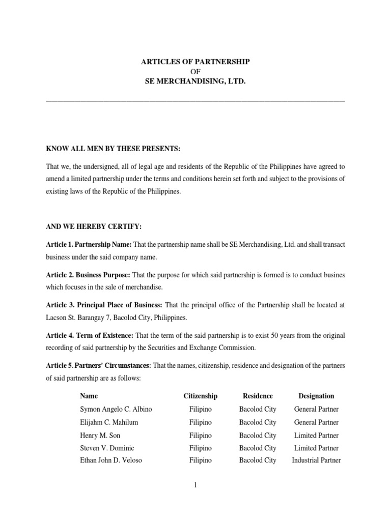 LE1-Articles of Partnership | PDF | General Partnership | Partnership
