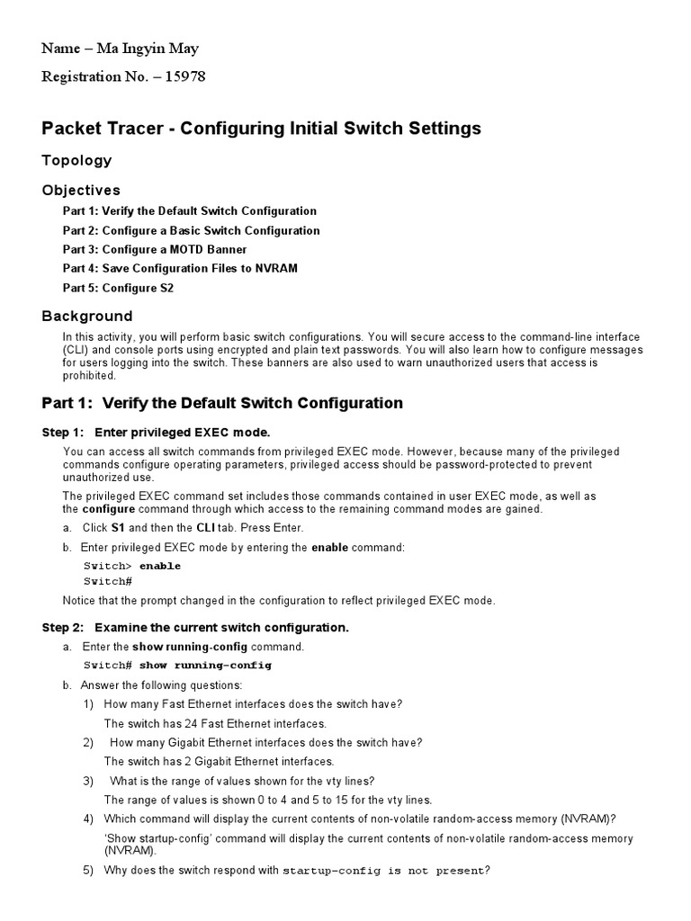 2 2 3 4 Packet Tracer Configuring Initial Switch Settings Pdf Command Line Interface