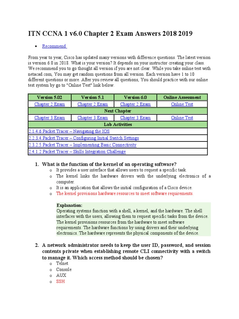 CCNA1 Chapter 2 Exam - Online Answer | PDF | Network Switch | Ip Address