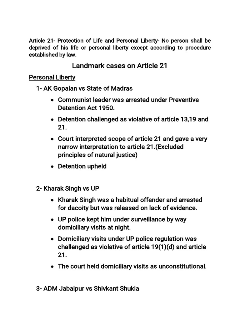 Landmark Cases on Article 21 Rights | PDF