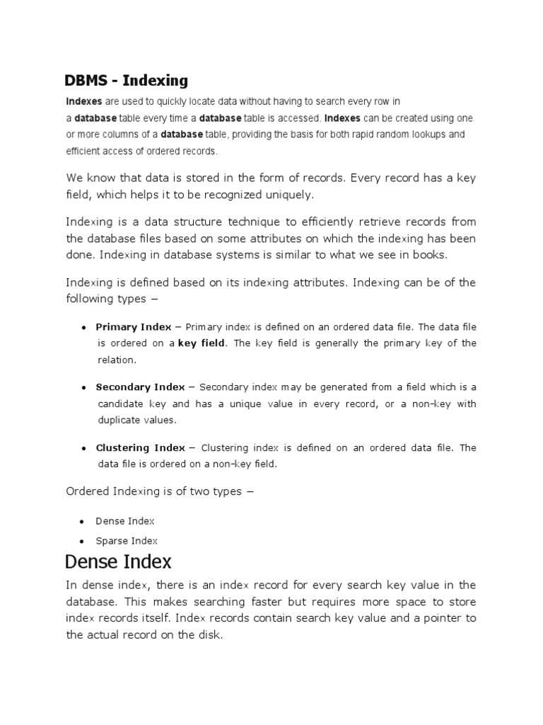 DBMS - Indexing: Dense Index | PDF | Database Index | Computer Data DBMS - Indexing: Dense Index | PDF | Database Index | Computer Data