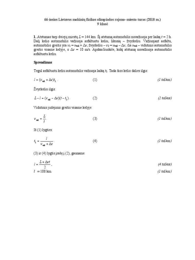 2018 - M. - Fizikos - Olimpiados - Uzduotys - Ir - Sprendimai - 9 KL PDF | PDF