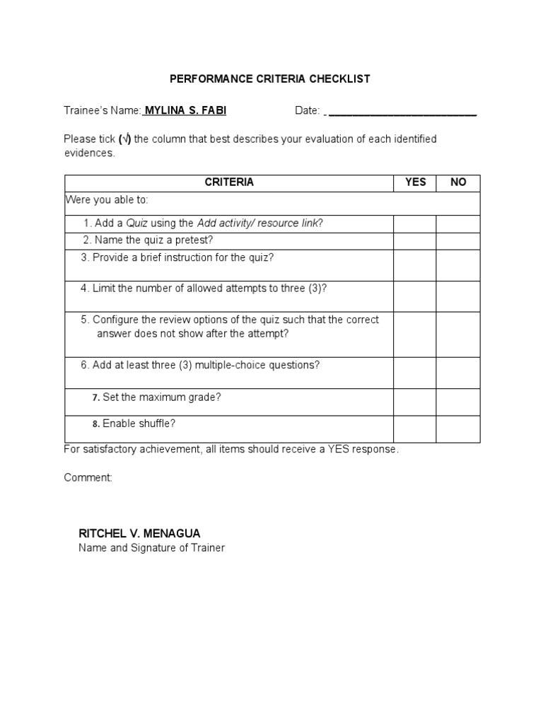 PERFORMANCE CRITERIA CHECKLIST Quiz | PDF