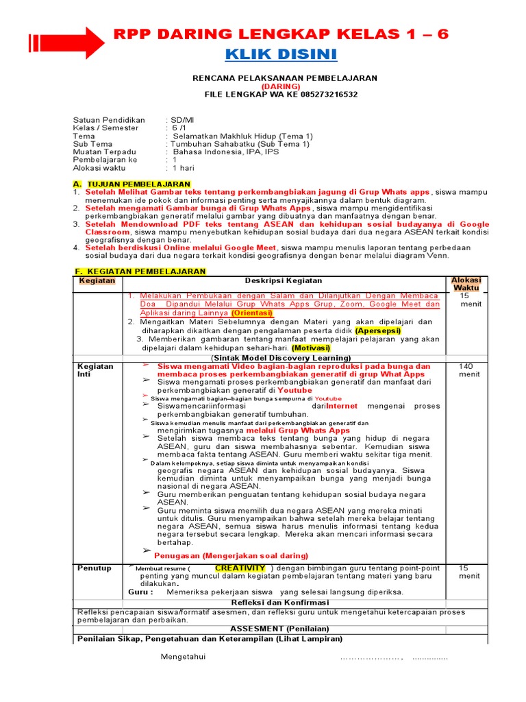 RPP Daring Lengkap Kelas 1 - 6: Klik Disini | PDF | Seni & Disiplin Bahasa | Kajian Bahasa Asing