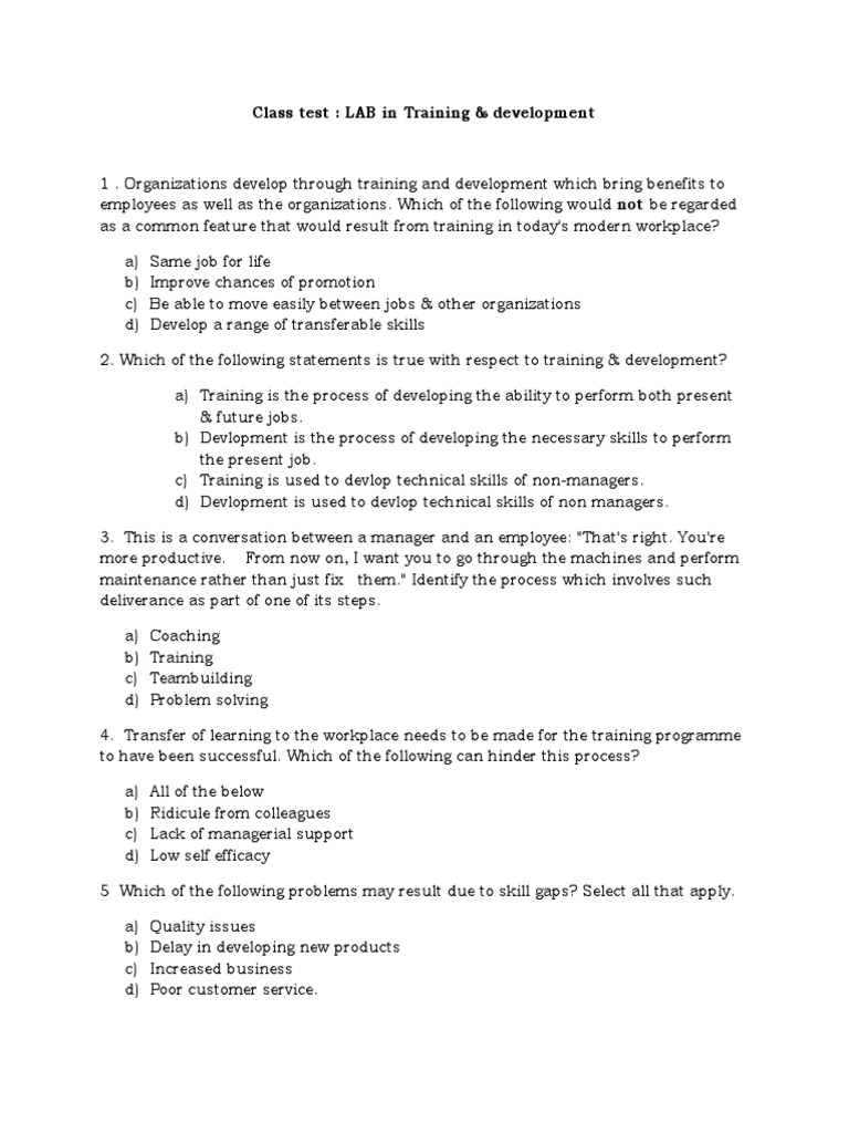 Class Test: LAB in Training & Development | PDF | Apprenticeship ...