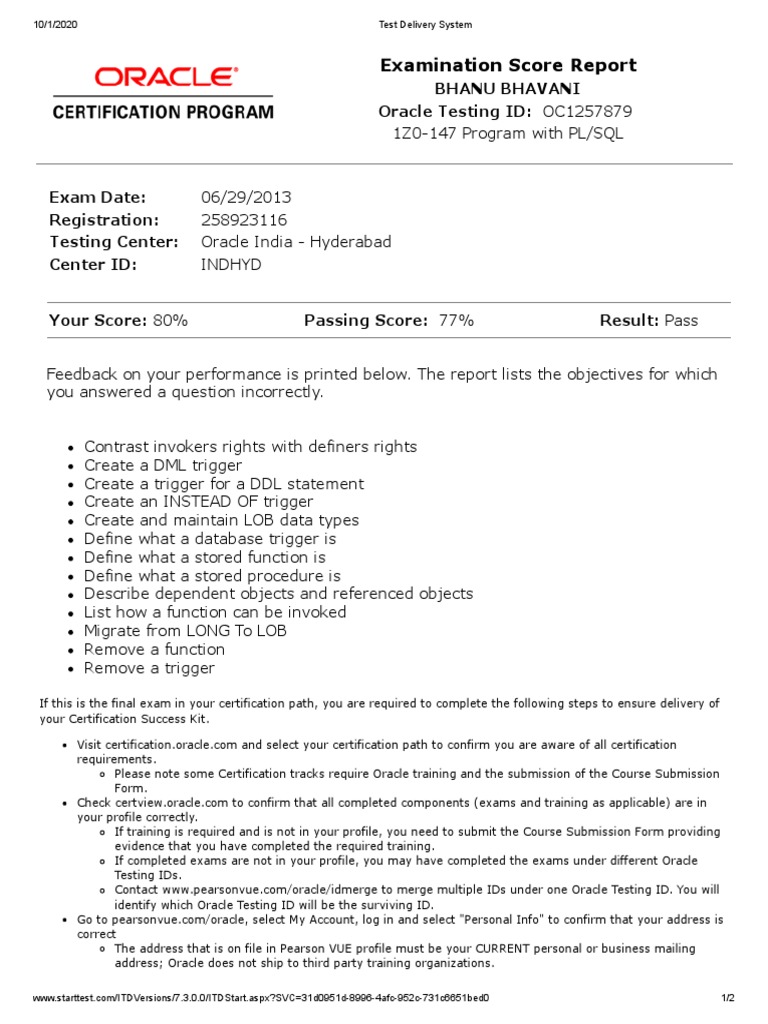 Examination Score Report: Bhanu Bhavani Oracle Testing ID: OC1257879 ...
