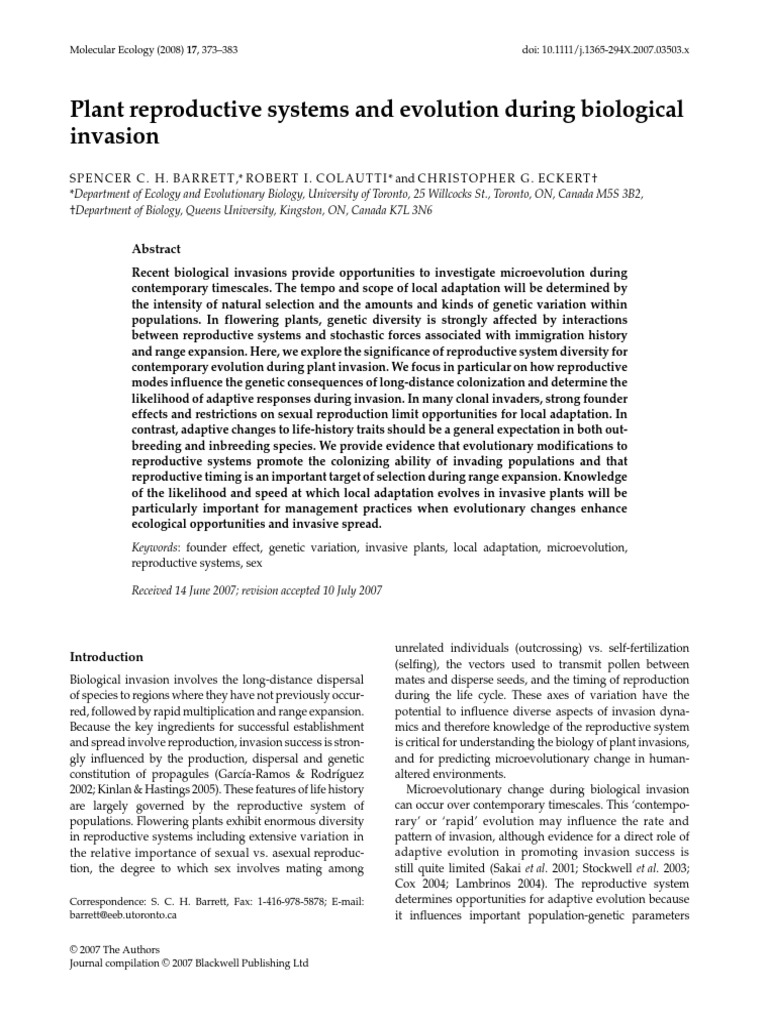 Plant Reproductive Systems and Evolution During Biological Invasion ...