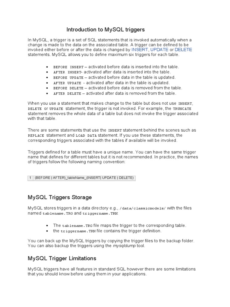 Introduction To MySQL Triggers | PDF | Data | Data Management