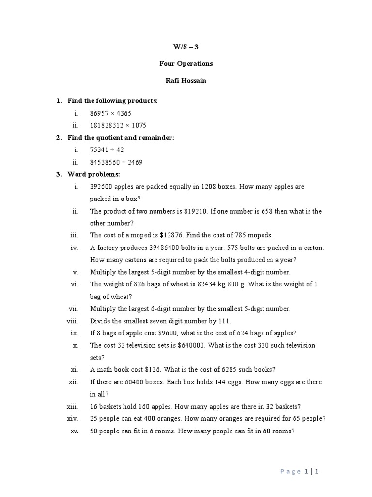 Four Operations Word Problems: Calculating Products, Quotients, and ...