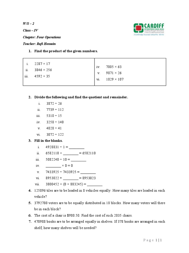 Class IV Math: Operations Practice | PDF