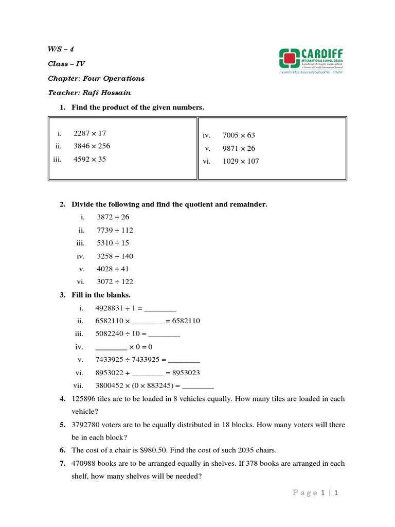 Worksheet-4 - (Class-IV) - Four Operations PDF | PDF