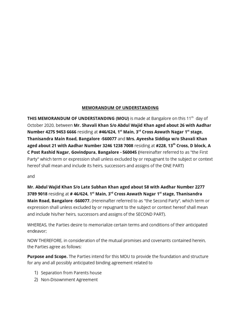 MEMORANDUM OF UNDERSTANDING - Leaving Parents House and Non Disownment ...