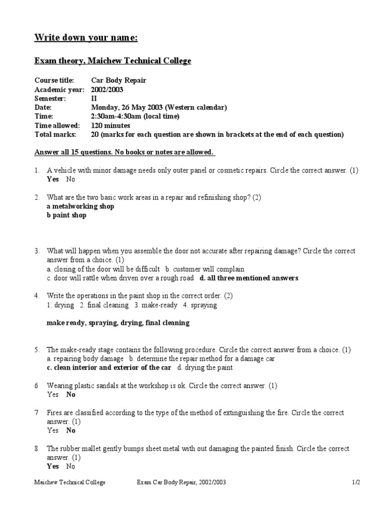 Exam Car Body Repair, Theory With Answers | PDF | Building Materials ...