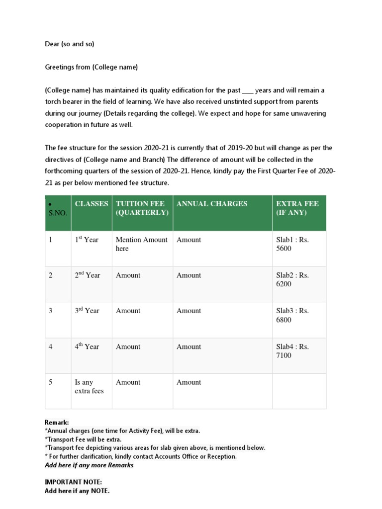 CIRCULAR FOR PARENTS - FEE Declaration Format PDF | PDF