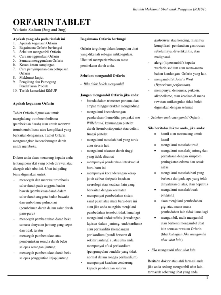 Orfarin 3,5mg (Warfarin) Rigel Pharma Sdn. Bhd. 22jun2015 BM PDF | PDF