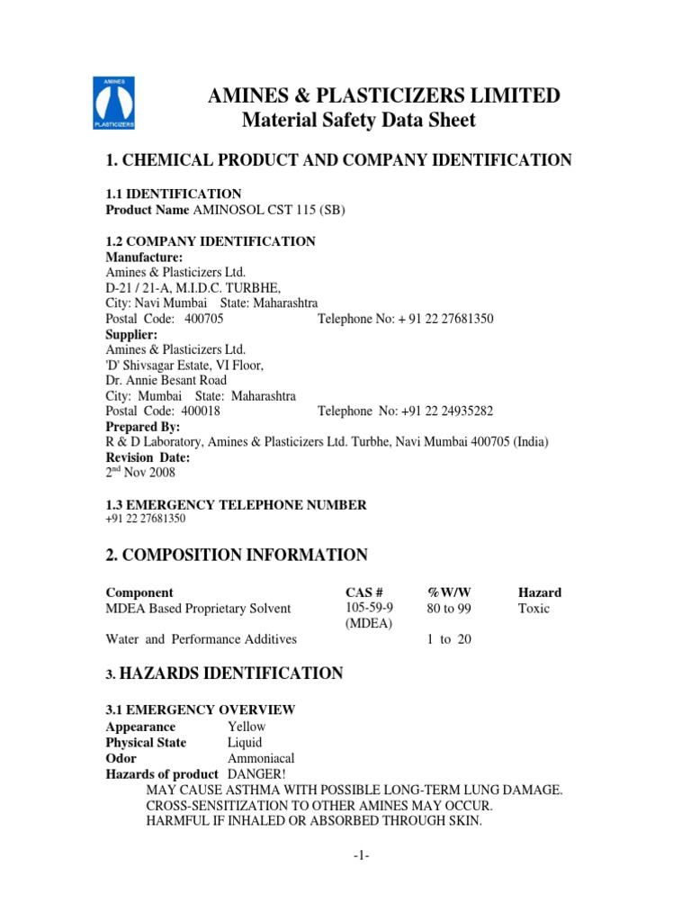 Amines & Plasticizers Limited Material Safety Data Sheet: 1. Chemical Product and Company ...