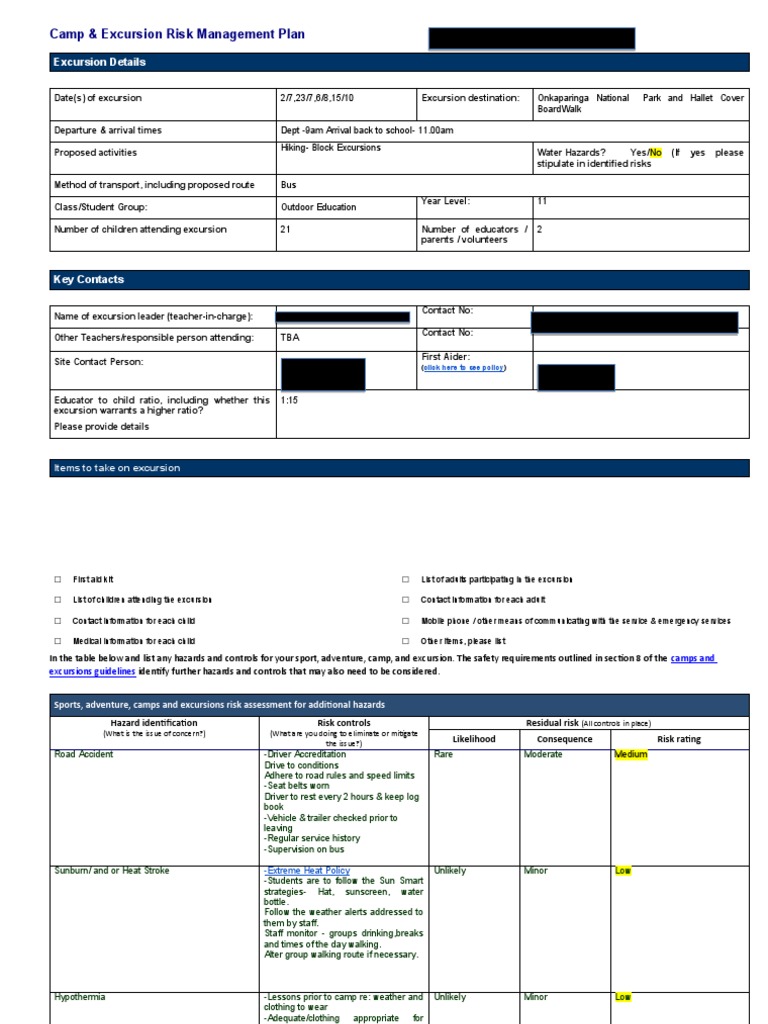 Onkapringa Creek Excursion Risk Management Form 2020 | PDF | Emergency ...