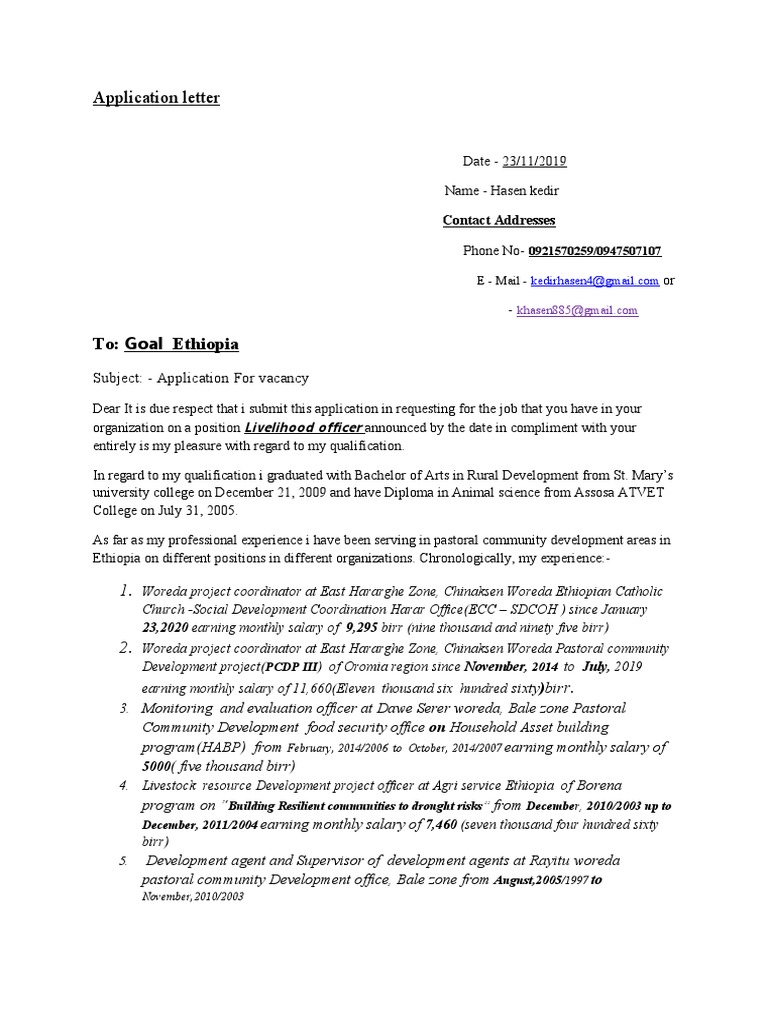 Application Letter: To: Goal Ethiopia | PDF | Pastoralism | Ethiopia